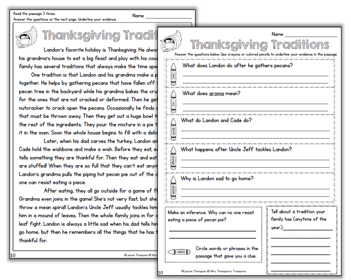 Thanksgiving Reading Comprehension Mrs Thompson s Treasures