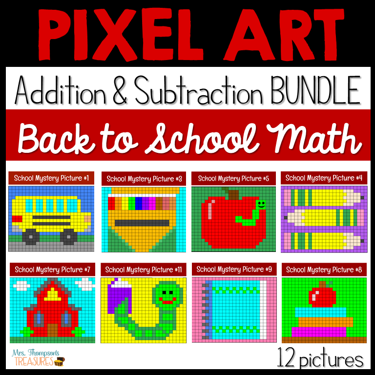 Back to School Pixel Art Addition & Subtraction - Mrs. Thompson's Treasures